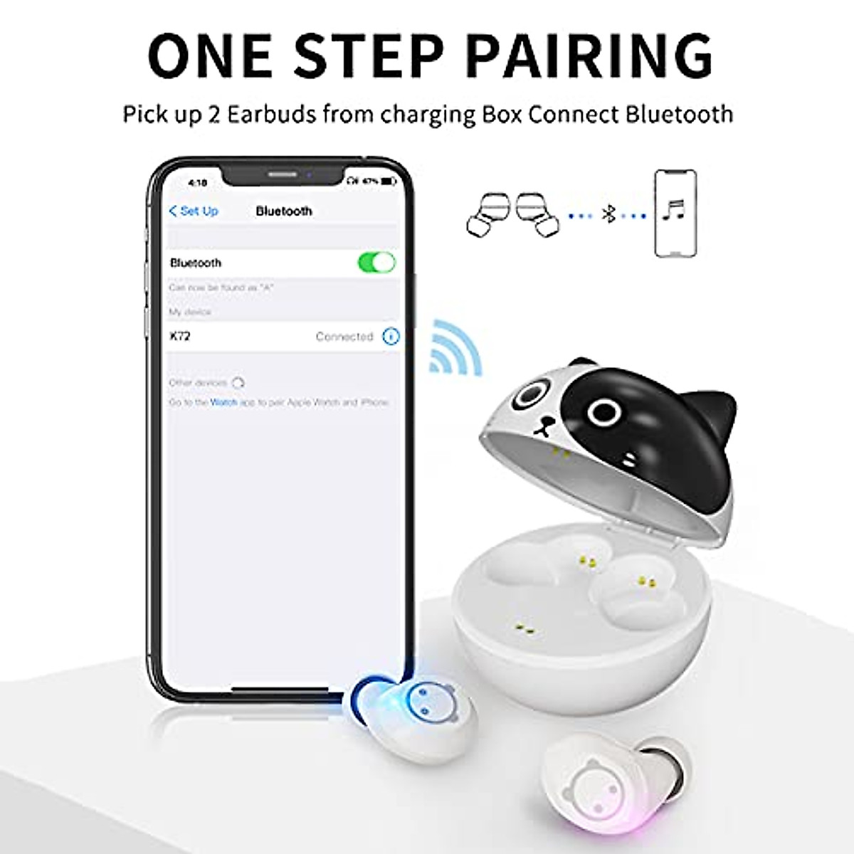 XZC Wireless Earbuds Noise Reduce Halloween Cute Little Devil Earphones for Kids Adult Waterproof Sport Stereo Headphones with Built-in Mic for iPhone/Android (Cat)