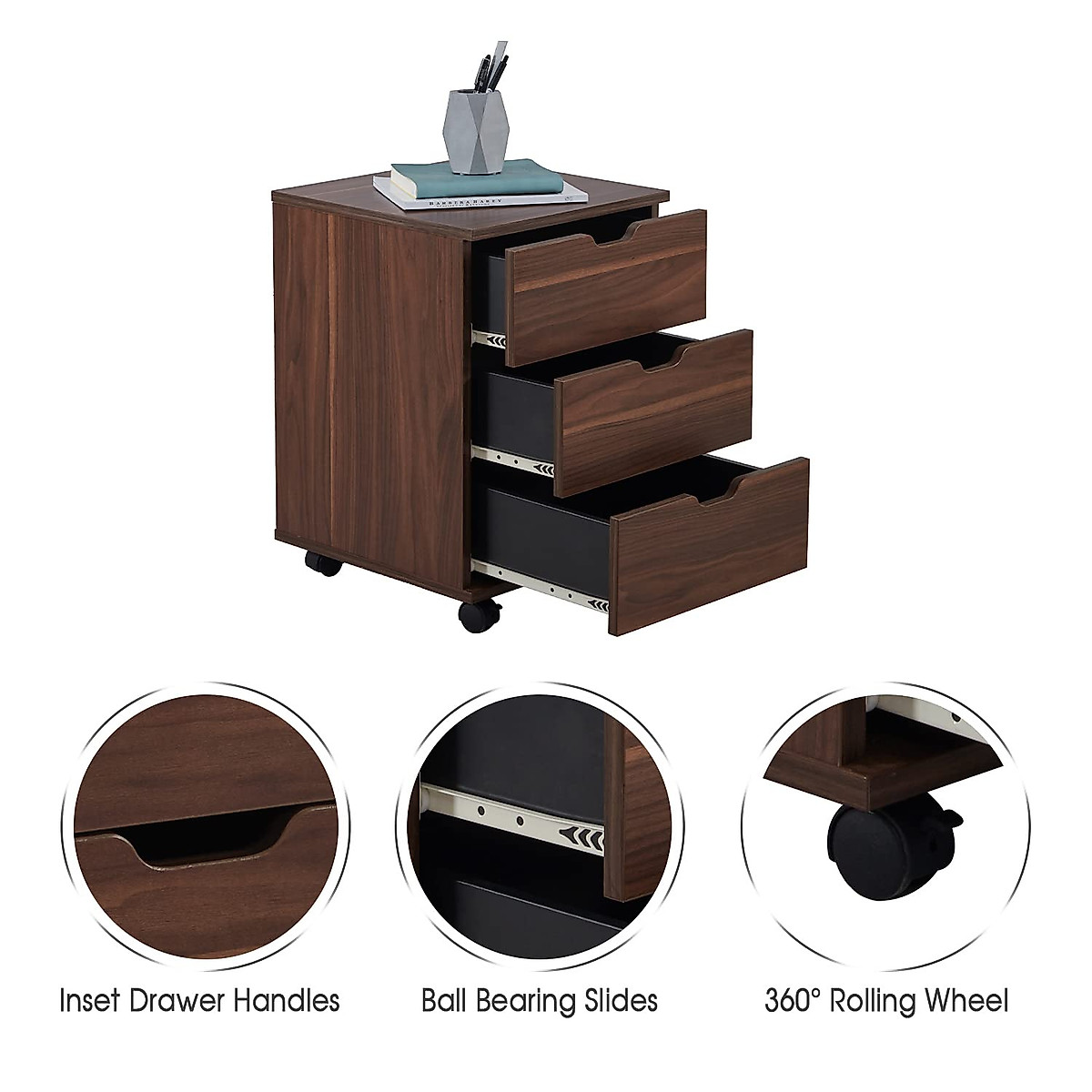 VICLLAX 3 Drawer Dresser Mobile Cabinet Under Desk Storage for Home Office, Fully Assembled Except Casters, Brown Walnut