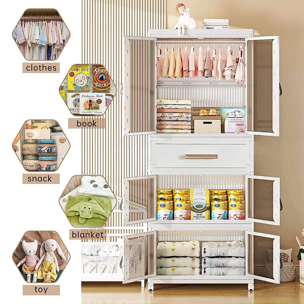 MU TU HD Portable Kids Wardrobe Closet with Doors, Plastic Baby Wardrobe Storage Cabinet with Hanging Rod Children's Clothes Closet Costume Storage Organizer (1 Pack)