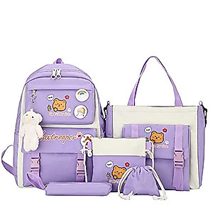 5pcs Cute Aesthetic Backpack Set for Girls Kawaii Large Canvas Shoulder Bag Preppy School Accessories (Purple)