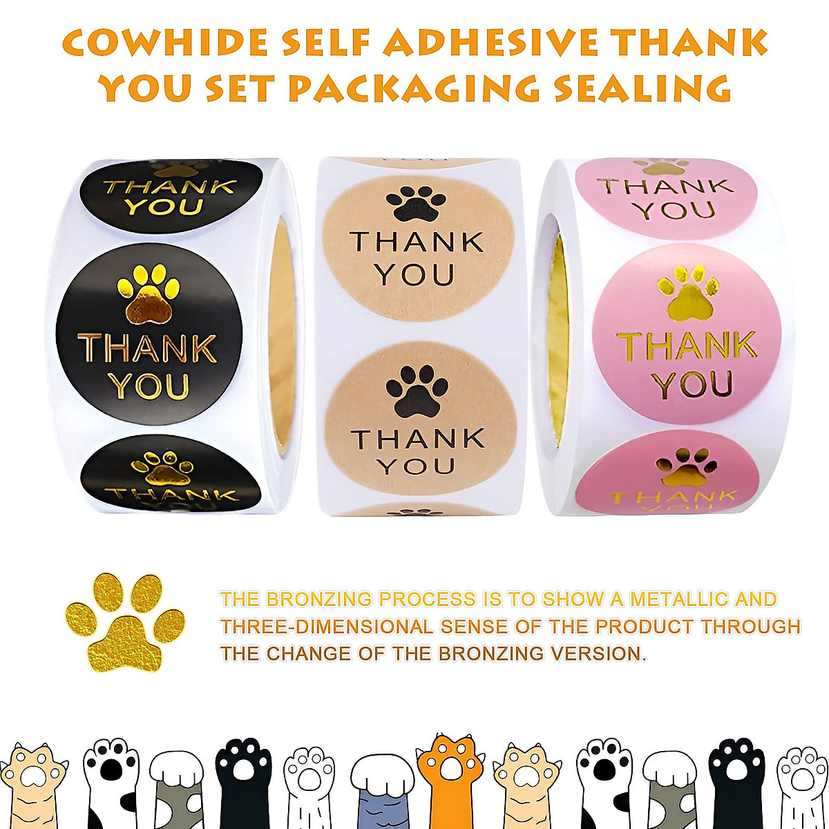 BLMHTWO 1500 Pieces Thank You Stickers for Packaging, Thank You Stickers Small Business Hot Stamping/Kraft Paper 1inch Cat Paw Party Gift Envelope Seals Birthday Gift Box