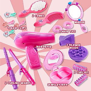 JOYIN 17Pcs Girls Beauty Salon Set, Pretend Play Doll Hair Stylist Toy Kit with Hairdryer, Mirror, Curling Iron and Other Accessories for Kids Toddler Fashion Cutting Makeup Party Favor, Birthday Gift