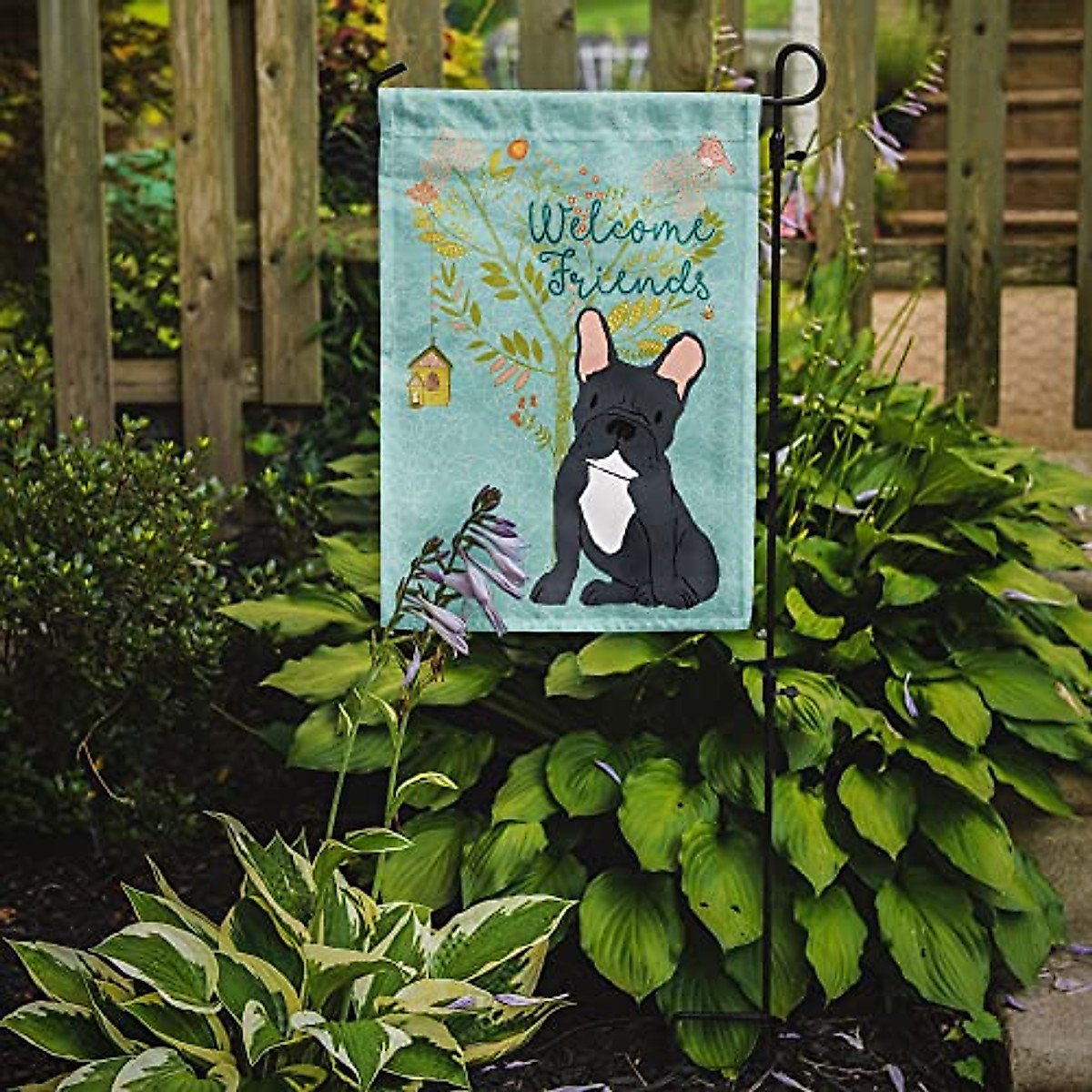 Caroline's Treasures BB7632GF Welcome Friends Black French Bulldog Flag Garden Size, Garden Size, multicolor