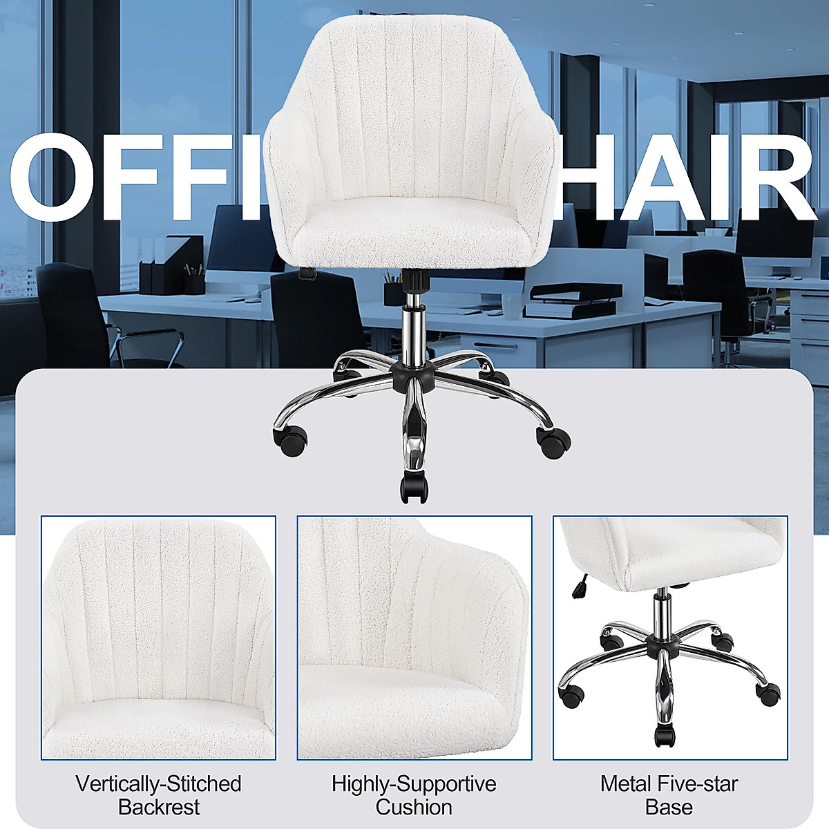 Yaheetech Boucle Vanity Chair Desk Chair Comfy Modern Accent Chair Mid Back Ergonomic Office Chair Height Adjustable Swivel Computer Chair for Bedroom with Arms Ivory