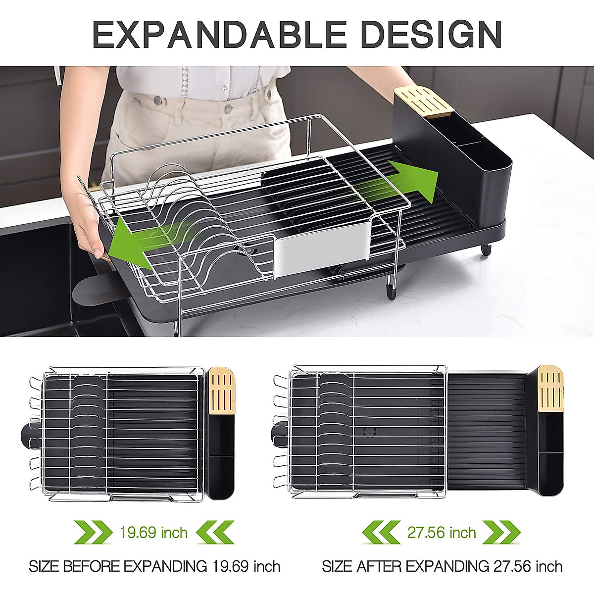 TOOLF Dish Drying Rack, Expandable Stainless Steel Dish Rack with Drainboard Set Kitchen Sink Organizer for Counter, Large Capacity Kitchen Accessories with 360° Swivel Spout