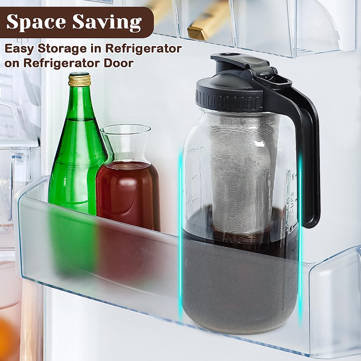 Cold Brew Coffee Maker, 64oz Wide Mouth iced Coffee Pitcher, with Handle & Stainless Steel Filter, Durable Glass, Sturdy mason jar pitcher, for iced coffee & Tea Lemonade, Fruit Drinks