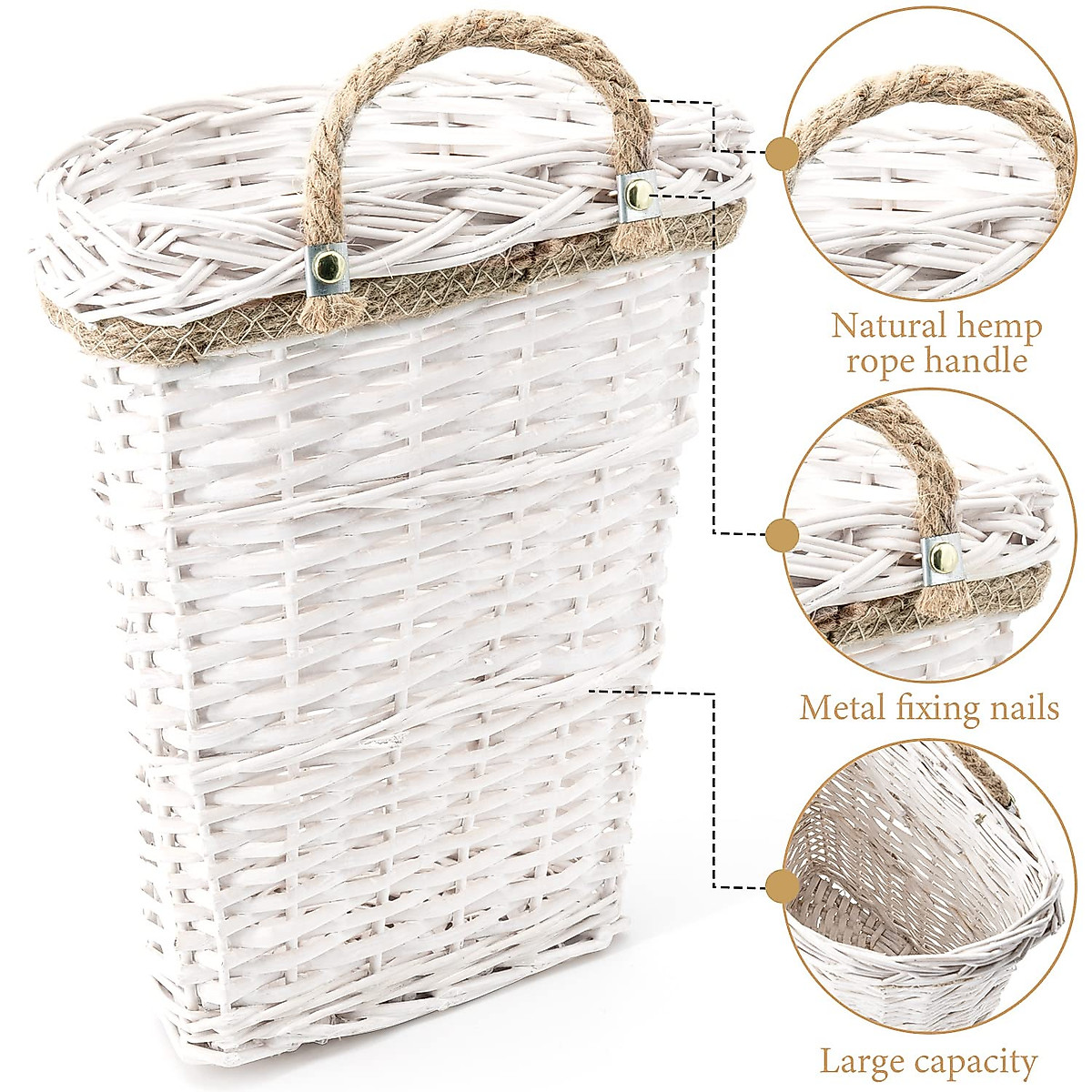 AceList Set of 2 Handmade Wall Hanging Baskets - Woven Wicker Wall Baskets Perfect for Boho Rustic Farmhouse Wall Decor(White)