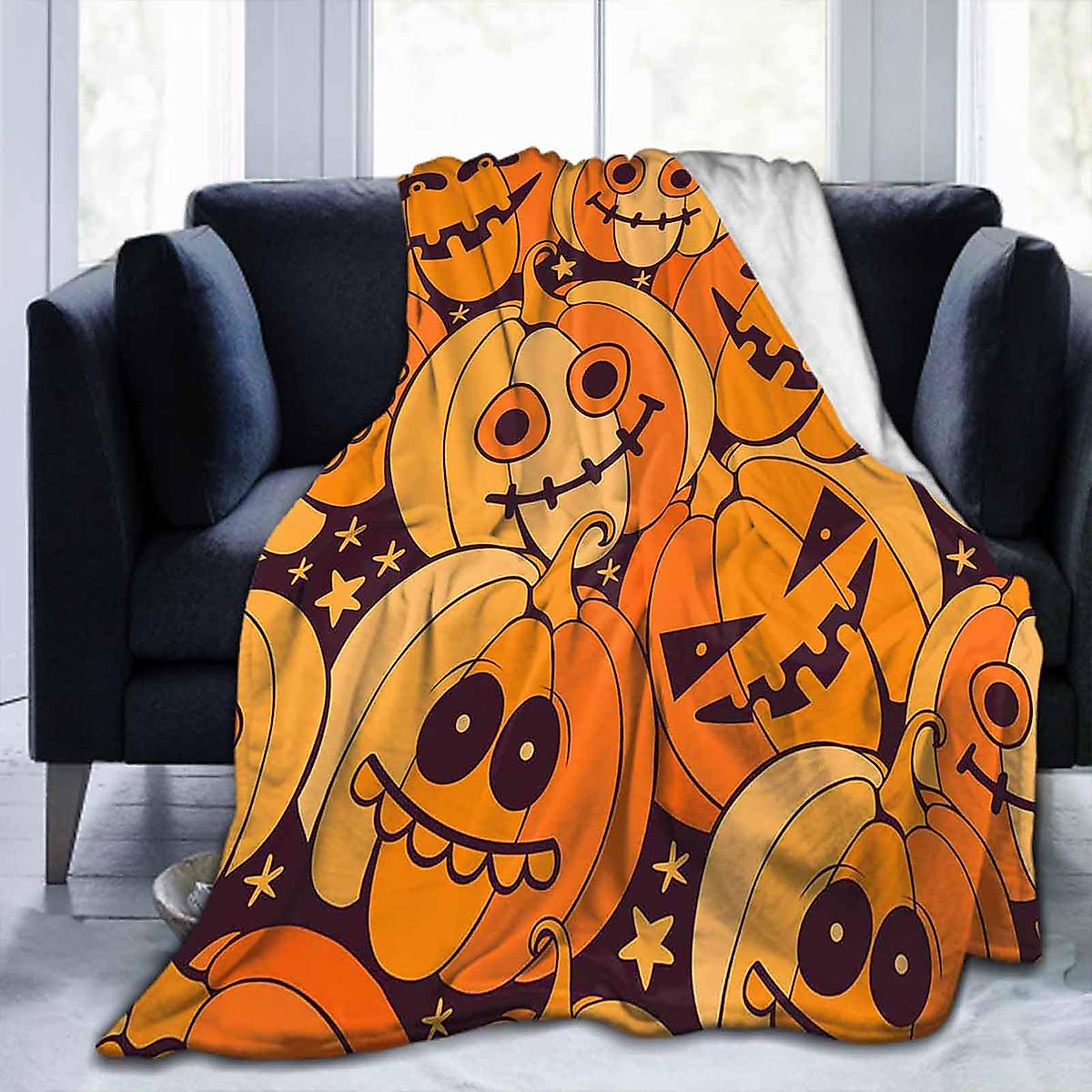 Throw Blanket 40x50 Inch,Happy Halloween Pattern with Scary Orange Pumpkins On Dark Flannel Soft Cozy Fluffy Throw Blankets and Warm Throws for Adults in Couch Sofa Bed 50x40 Inch