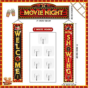 Funnymoom 3 Pcs Movie Night Porch Banner Decorations Movie Theme Party Hanging Banner Welcome Now Showing Sign Door Banner for Movie Theater Photography Background Party Supplies