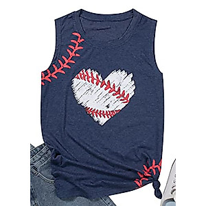 Baseball Tank Tops Women Baseball Heart Print Shirt Funny Play Ball Tank Casual Sleeveless Vest Summer Graphic Tee Top Blue