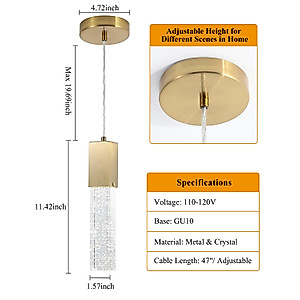 Mecgirn Modern Crystal Pendant Lights for Kitchen Island, Brushed Gold Pendant Light Fixtures 1-Light, Bubble Crystal Pendant Lighting for Bar Over Sink, GU10 Base (Bulb Not Included)