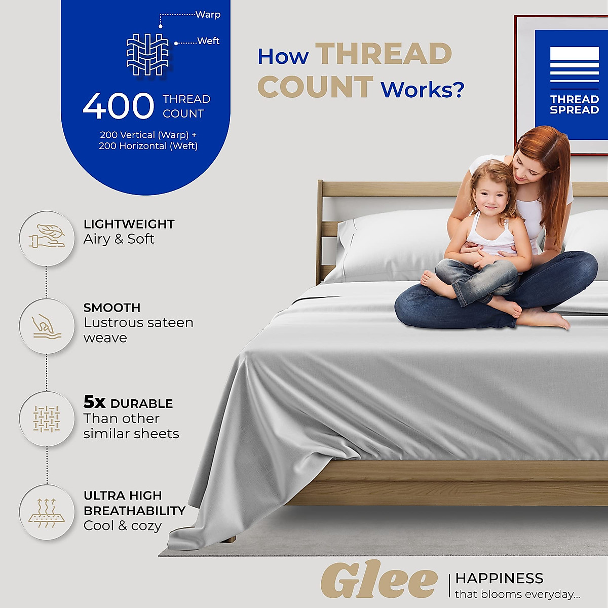 THREAD SPREAD 100% Egyptian Cotton Sheets for Queen Size Bed - 400 Thread Sateen Weave 4 PC Queen Silver Cotton Sheets, Deep Pocket Queen Sheet, Extra Soft Cooling Sheets Queen Size for Hot Sleepers