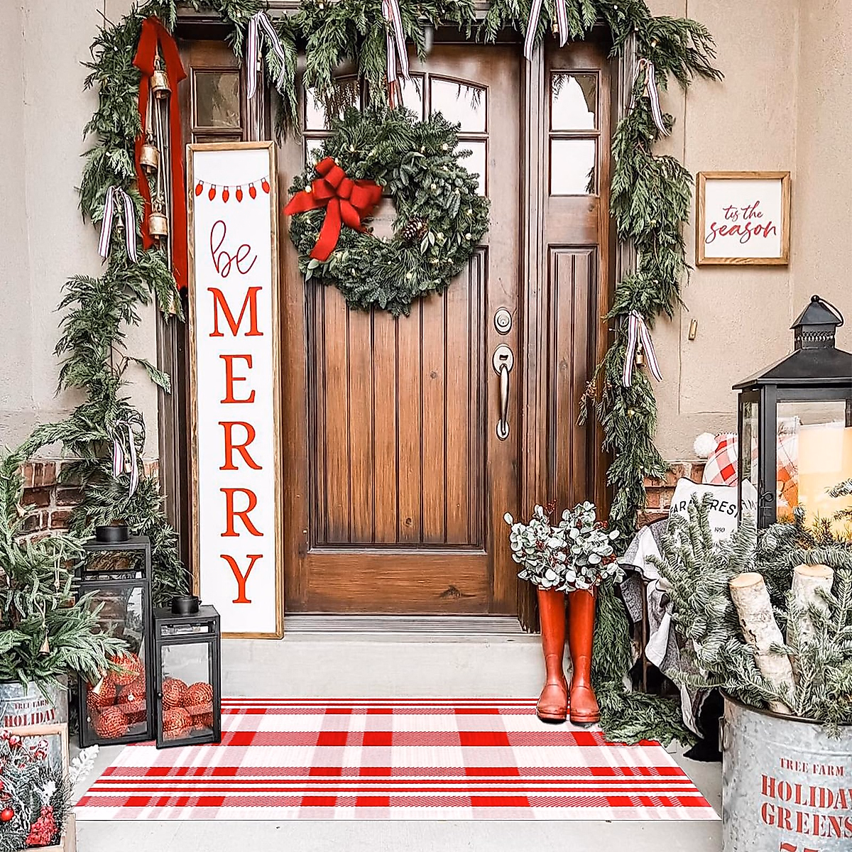 Fallovea Christmas Rugs Red and White Plaid, 4'x6' Area Rug Outdoor Indoor Front Porch Doormat Cotton Hand-Woven Layered Door Mats for Entryway Patio Entryway Laundry Bedroom Living Room