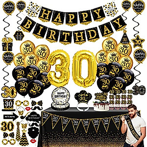 30th birthday decorations for him - (76pack) black gold party Banner, Pennant, Hanging Swirl, birthday balloons, Tablecloths, cupcake Topper, Crown, plates, Photo Props, Birthday Sash for men gifts