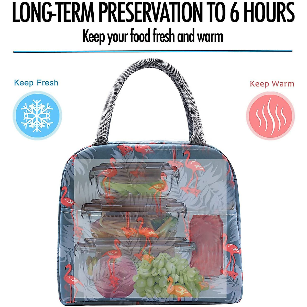 Mziart Insulated Lunch Bag for Women Men, Reusable Lunch Tote Lunch Box Organizer Cooler Bag with Front Pocket for Work Travel Picnic (Cute Flamingo)