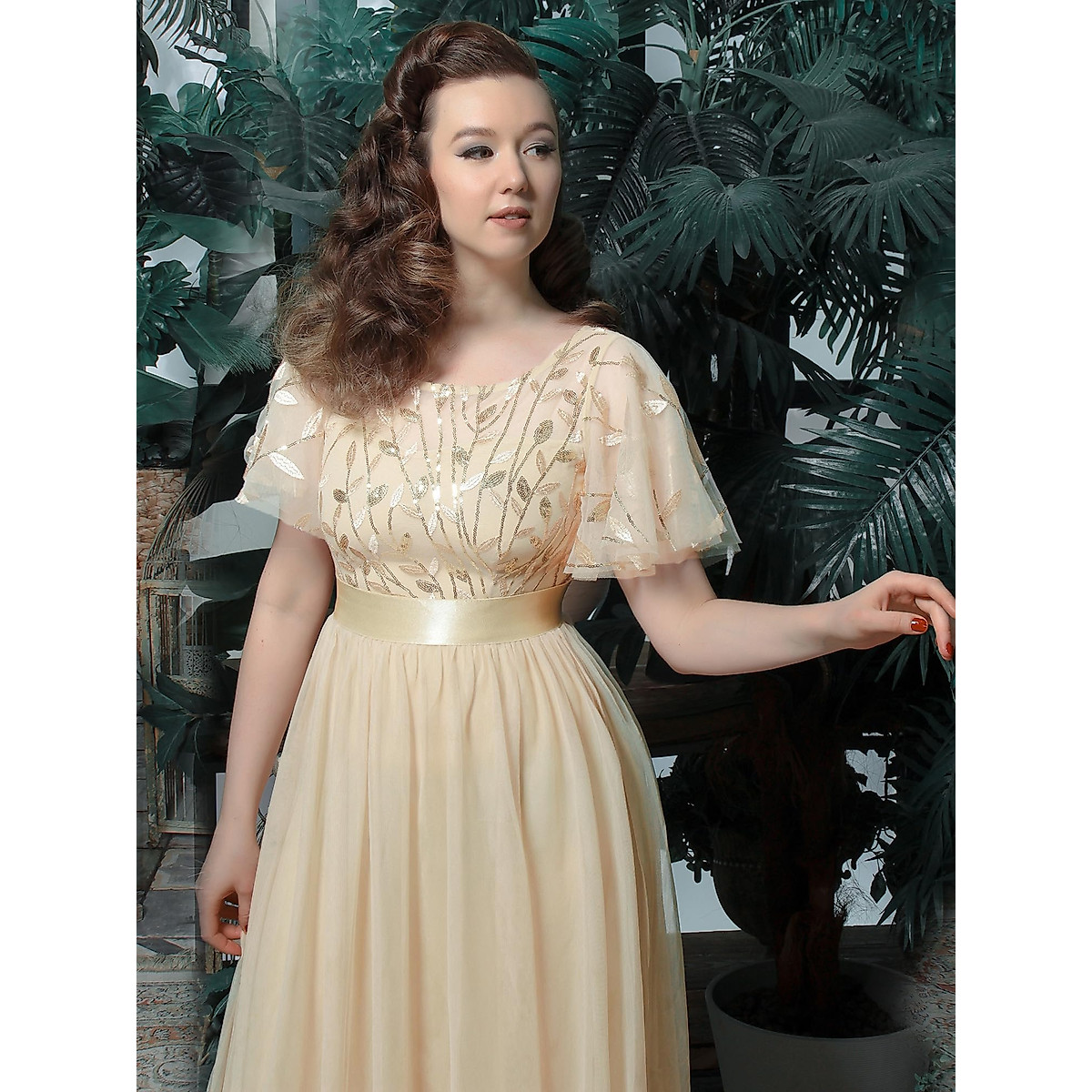 Ever-Pretty Women's Custom Sequin Embroidery Curvy Round Neck High Waist Ruffles Sleeves Long Formal Dresses Gold 9XL