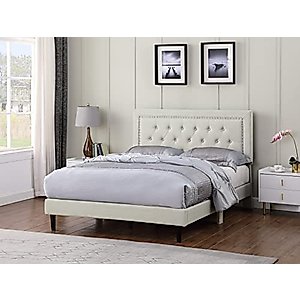 Full Upholstered Platform Bed Frame with 48" Tall Adjustable Headboard - Button Tufted Linen Velour Bed - Wood Slat Support with Storage Space - No Box Spring Needed - Beige - Oliver & Smith - Berlin