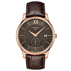 Tissot Mens Tradition Automatic Small Second 316L Stainless Steel case with Rose Gold PVD Coating Automatic Watch, Brown, Leather, 20 (T0634283606800)