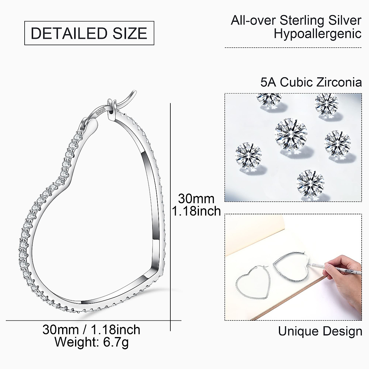 925 Sterling Silver Hoop Earrings For Women heart earrings hoop earrings for women Cubic Zirconia Earrings Hoops Ear GDDX Jewelry 20 30 40 MM Gifts (30MM heart earrings)