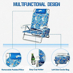 Old Bahama Bay Reclining Beach Chair Backpack 5-Position Lay Flat Lounge Chair for Adults Heavy Duty Portable Folding Lightweight with Cooler Bag Camping Chair for Sand Outdoor Blue