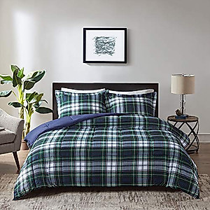 Madison Park Essentials Parkston Plaid Comforter, Matching Sham, 3M Scotchguard Stain Release Cover, Hypoallergenic All Season Bedding-Set, Full/Queen, Navy, 3 Piece