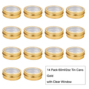 BENECREAT 14 Pack 2 OZ Tin Cans Screw Top Round Aluminum Cans Screw Lid Containers with Clear Window - Great for Store Spices, Candies, Tea or Gift Giving (Gold)