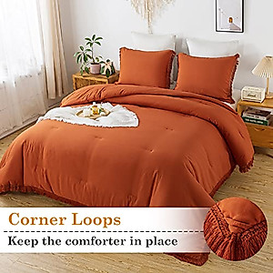 Andency Terracotta Comforter Set King, 3 Pieces Burnt Orange Boho Tassel Lightweight Bedding Comforter Sets, All Season Rust Soft Fluffy Fringe Bed Set (104x90In Comforter & 2 Pillowcases)