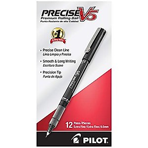 PILOT Precise V5 Stick Liquid Ink Rolling Ball Stick Pens, Extra Fine Point (0.5mm) Black Ink, 12-Pack (35334)