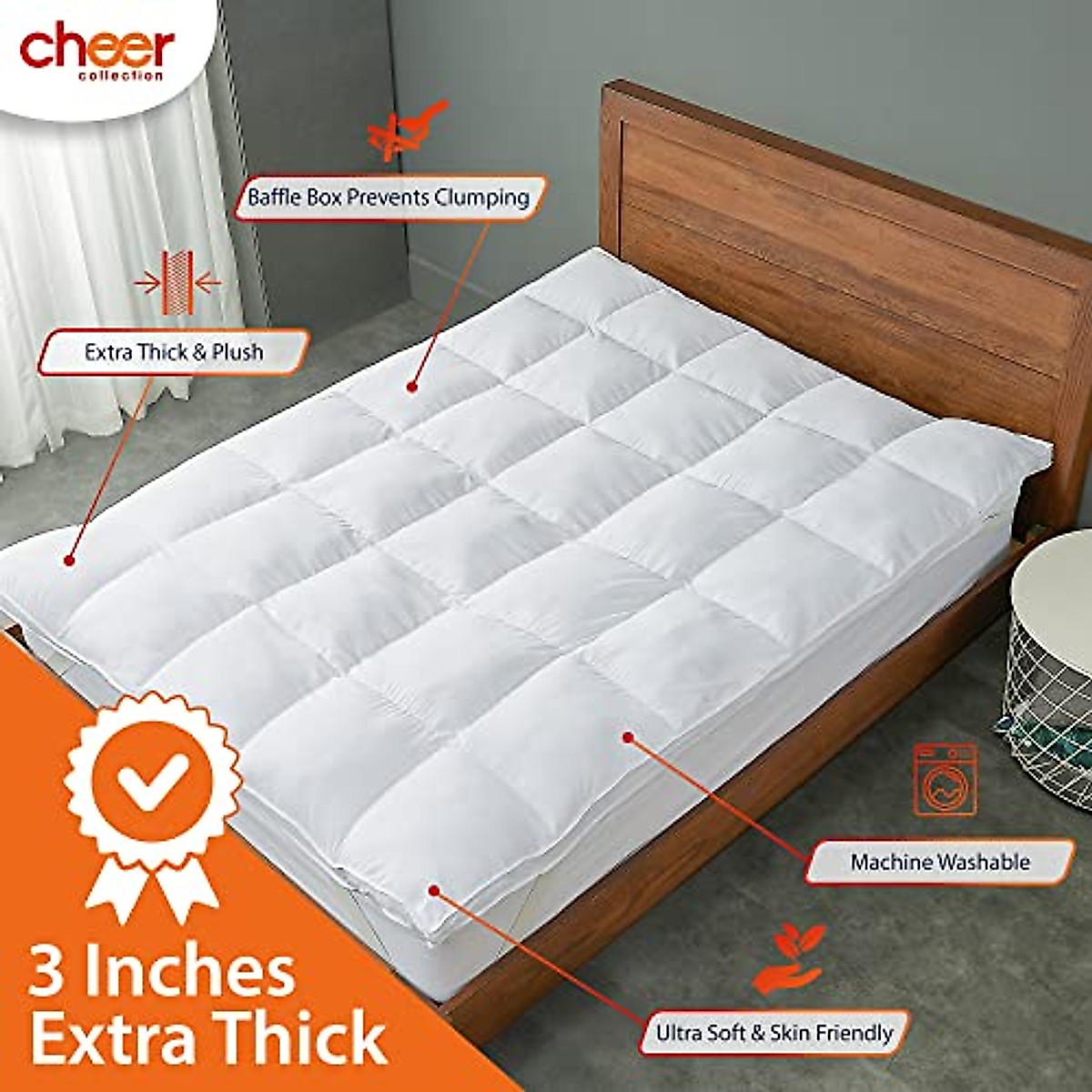 Cheer Collection Thick Mattress Topper - Ultra Luxurious Bed Topper with Stable Anchor Bands – Queen Size 60" x 80"