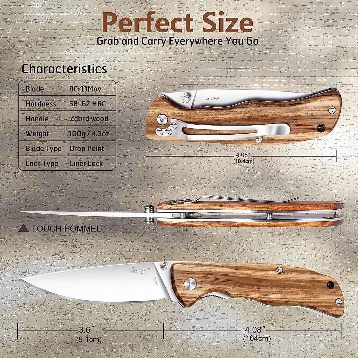 Vickay Pocket Knife for Men, Folding Knife with Clip, 3.74" 8Cr13MoV Steel Blade, Wood Handle EDC Knife for Outdoor Camping,Tactical, Hunting and Fishing Gift (Zebrawood)