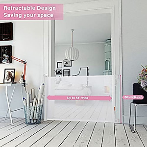 Retractable Baby Gate Extra Wide- 34” Tall Extends Up to 54” Wide Safety Mesh Stairs Gate for Kids or Pets Dogs Gate for Doorways/Banister/Hallways/Deck/Indoor/Outdoor -Wall Spacer Kit Included