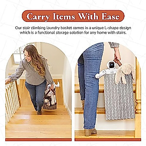 Stair Basket w/Chevron Pattern - Cotton Basket for Stairs w/Leather Handles - Staircase Basket & Storage Bins with Handles - Home Organizer - Convenient Stairs Basket Organizer - 16.1” x 10.2” x 15.7”