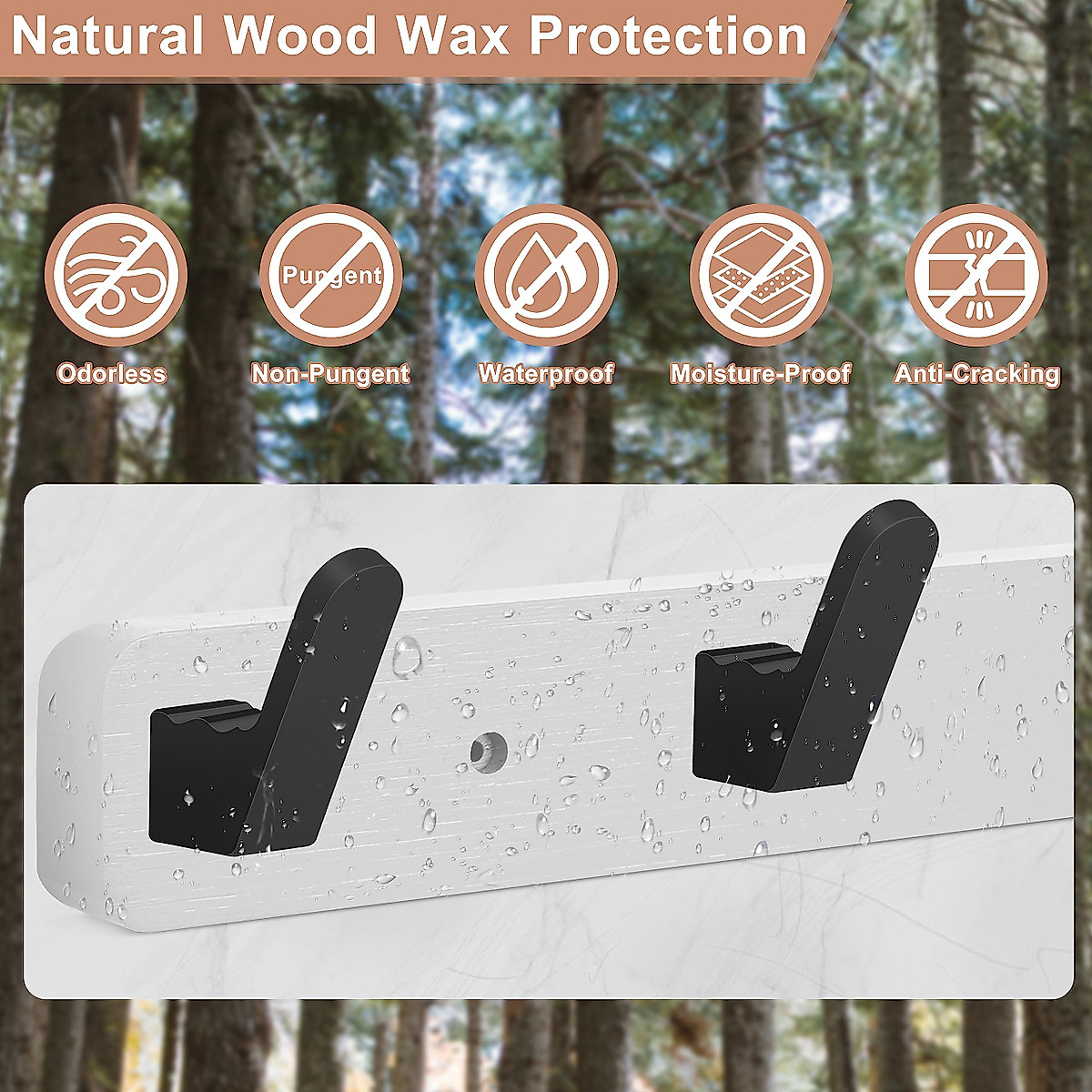 Coat Hooks Wall Mounted Coat Rack, 16.7'' Long, Entryway Hanging Coat Rack, White Wood Coat Rack with 5 Black Literary Rustic Hooks, Wooden Decorative Hooks Rail for Coat, Scarf, Bag, Towel, Hat