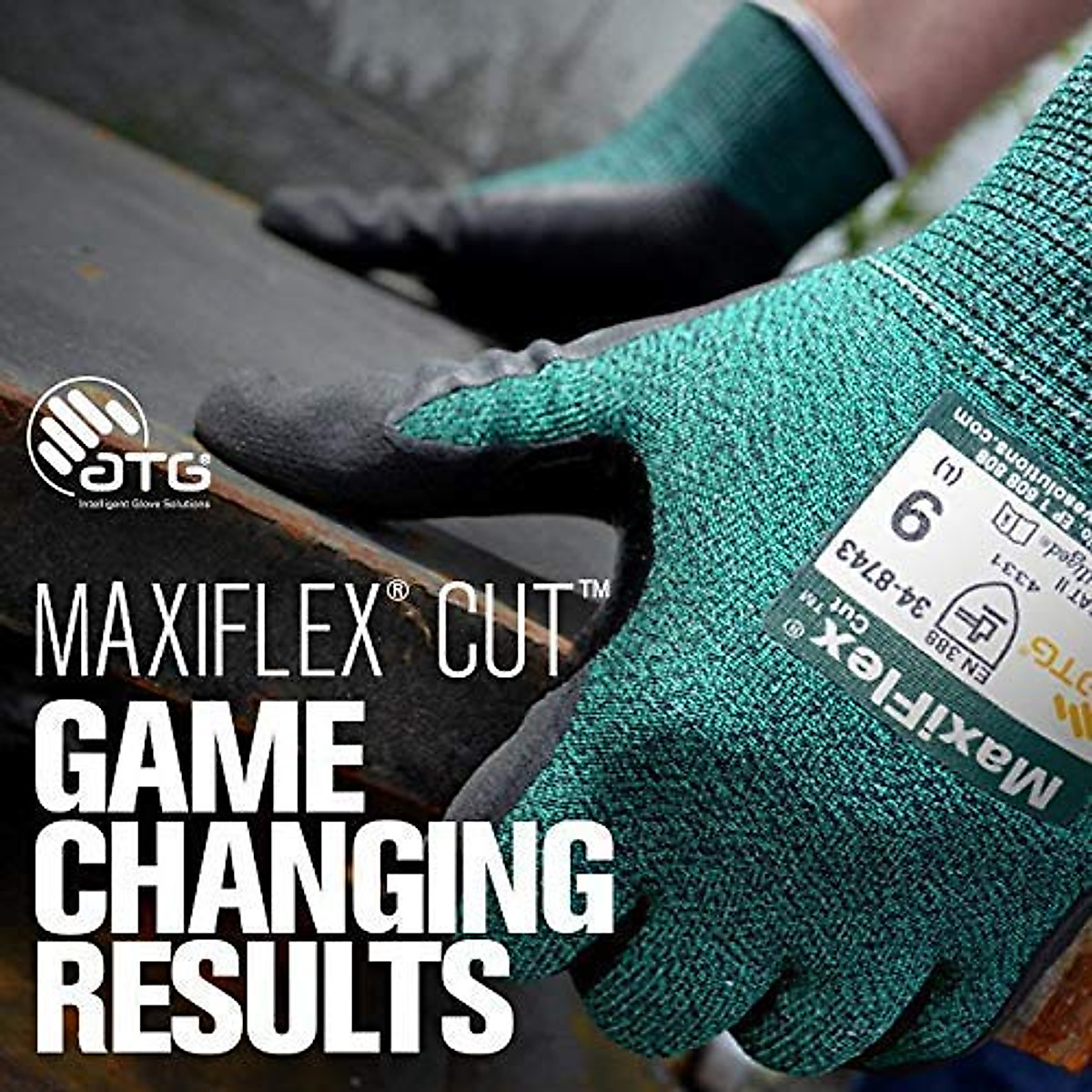 MaxiFlex 34-8743 Nitrile Cut Resistant Coated Work Gloves with Green Knit Shell and Premium Nitrile Coated Ending, 1 pack