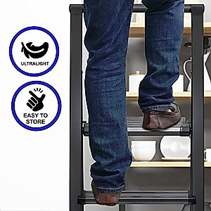 Step Ladder 4 Step Folding, Decorative - Modern Beautiful Grey Aluminum, Ultra Slim Profile, Anti Slip Steps, Sturdy-Portable for Home, Office, Kitchen, Photography Use,by SORFEY