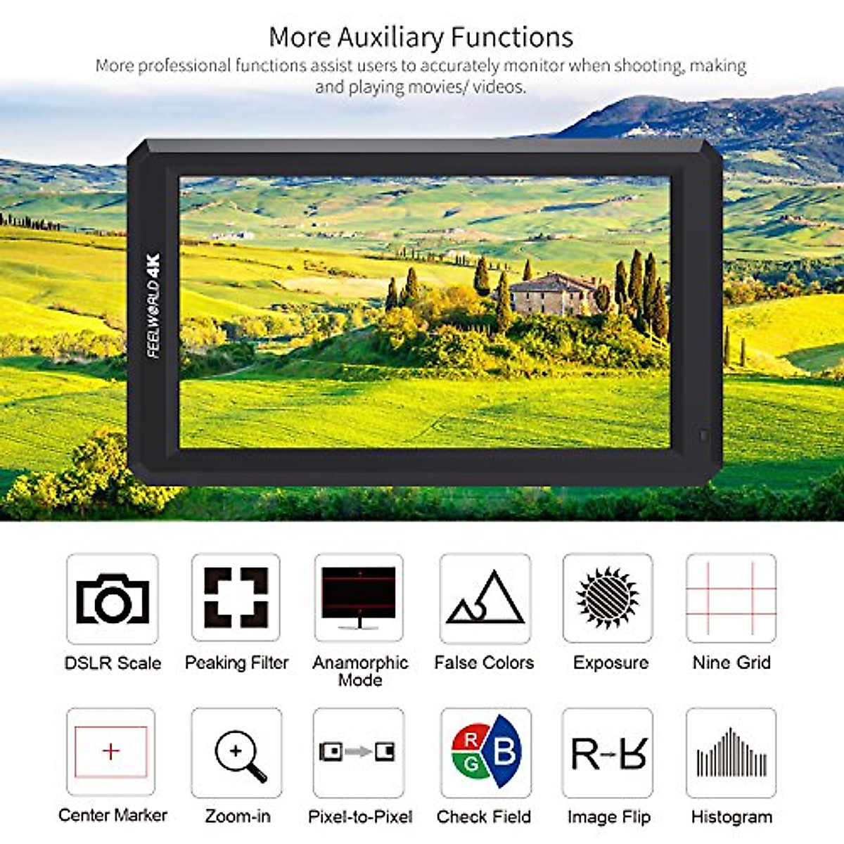 FEELWORLD F6+Battery+ Integrated Battery Charger + Micro&Mini HDMI Cords 5.7Inch FHD IPS On Camera 4K HDMI Monitor with Swivel Arm and 8V DC Power Output