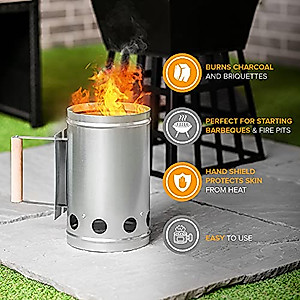LIVIVO Banquet Charcoal Chimney Starter With Wooden Safety Handle - Quick Start Barbecue Lightning Kit Camping Grilling BBQ - Galvanised Iron Sheet Finish - Heavy Duty