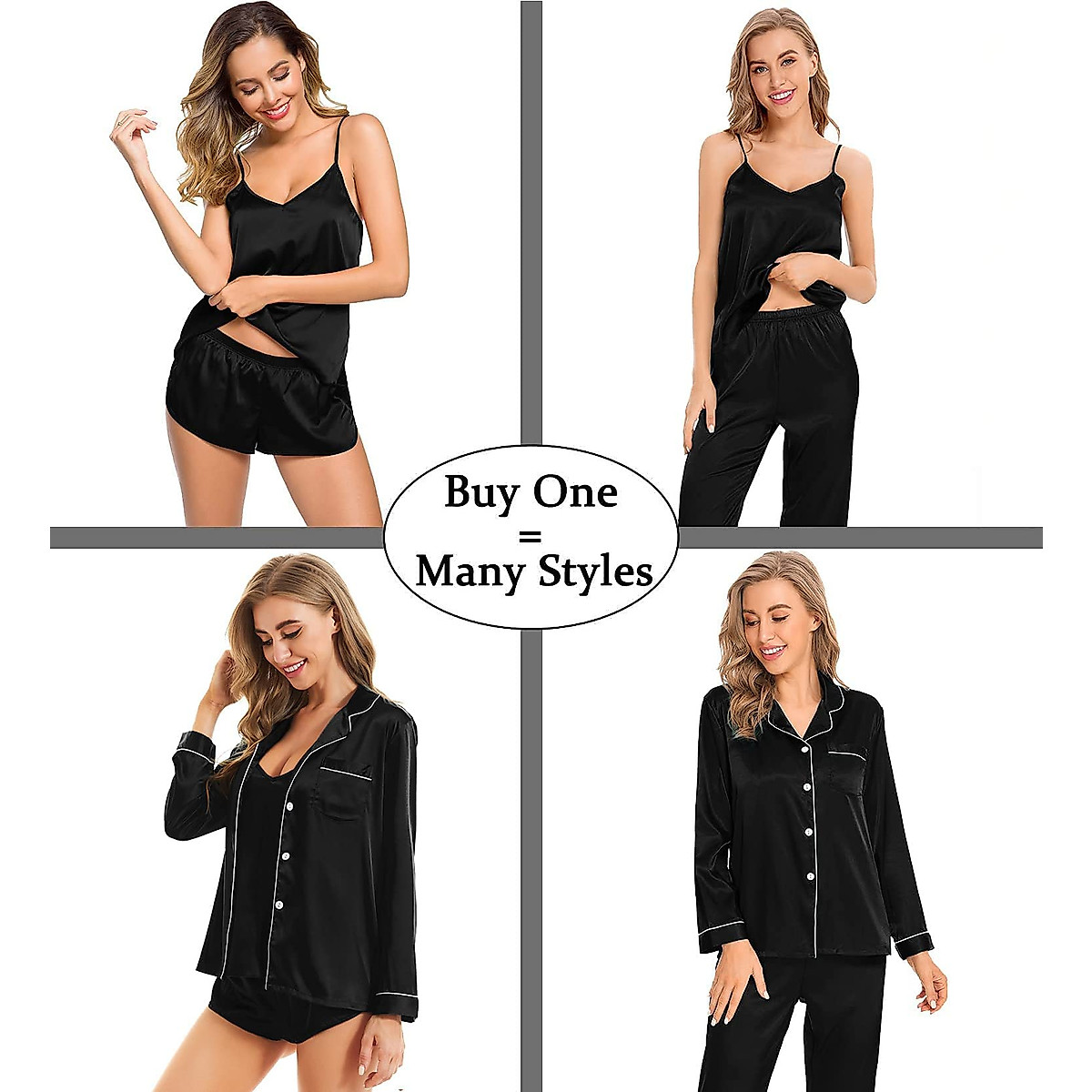 SWOMOG Women Satin Pajamas 4pcs Pajama Set Sexy Cami Shorts Set and Button Down Long Sleeve Pjs Loungewear Sleepwear Black,Small