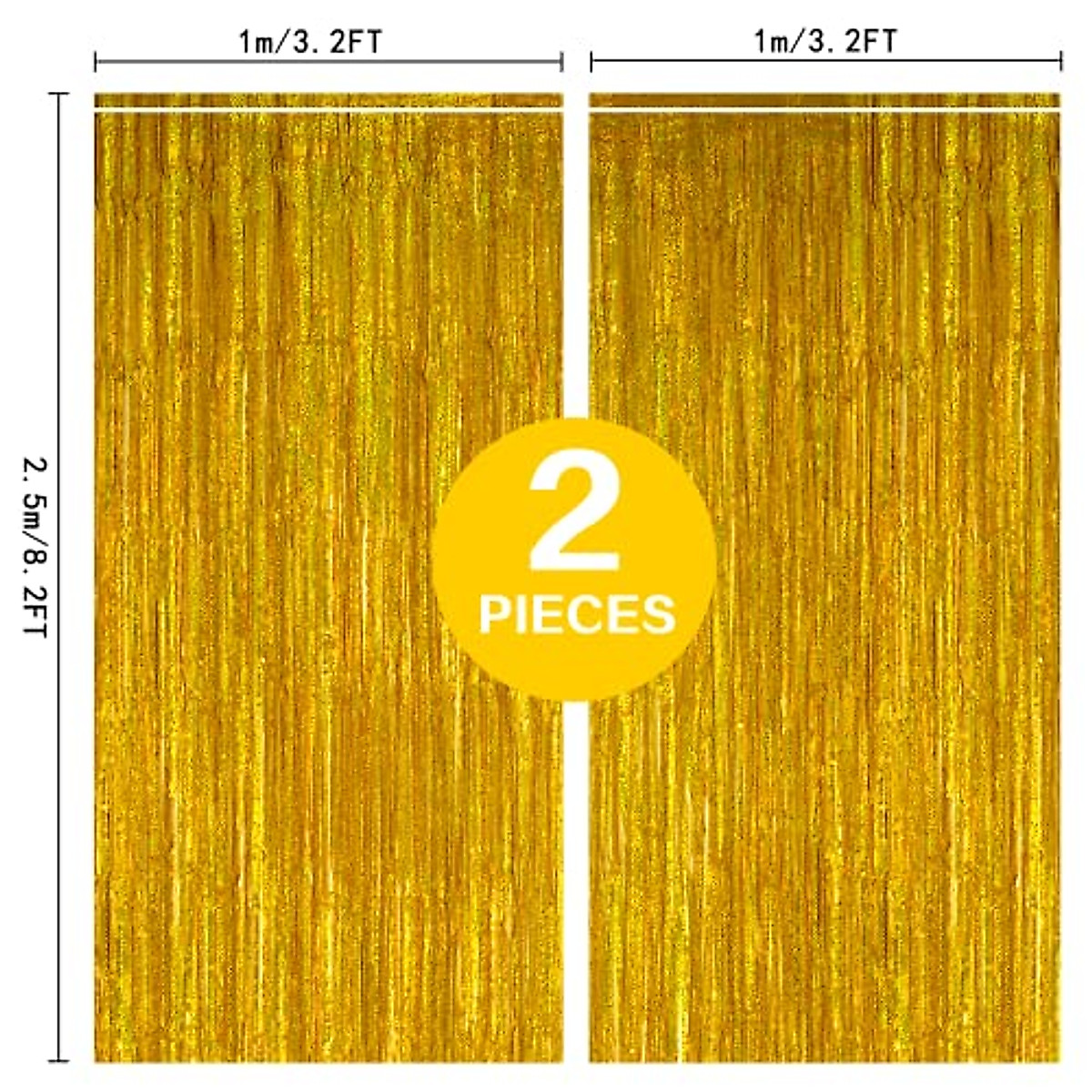 2 Pack 3.2ft x 8.2ft Gold Metallic Foil Curtains, Big Laser Glitter Fringe Rain Curtain Photo Booth Backdrop Tinsel Curtain Streamer for Birthday Wedding Graduations Christmas Event Party Supplies