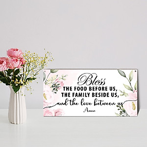 Kitchen Pink Flower Sign, Wood Wall Decoration Plaque with Rope, Home Door Decor Dining Room Shelf Wood Art Plaque for Family, Friends, Coworker, 10 x 5" Bless the Food Family Love Religion Sign -05
