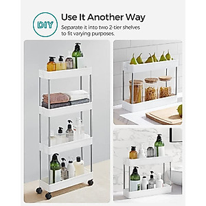 SONGMICS 4-Tier Slide Out Storage Cart, Slim Rolling Cart on Wheels, Slim Storage Cart, Space-Saving Bathroom Storage, Kitchen, Narrow Shelf, 15.7 x 5.3 x 33.9 Inches, White UKSC08WT