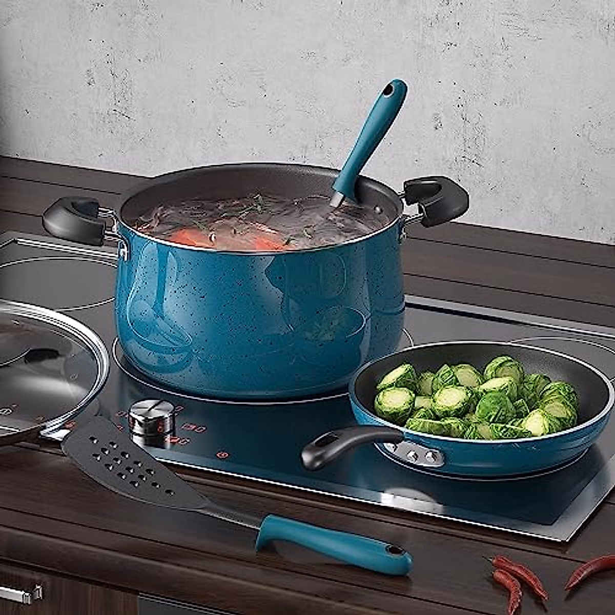 Cook N Home Pots and Pans Nonstick Cookware Set 10-Piece, Belly Shape Kitchen Cooking Set with Frying Pans and Saucepans, Induction Compatible, Turquoise