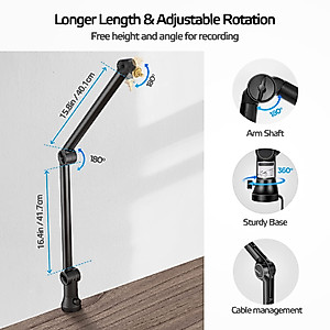 Bietrun Mic Arm Desk Mount(Longer)for Shure SM7B/MV7/Blue Yeti/Nano/Hyperx Quadcast, Adjustable 360° Rotatable Universal Heavy Duty Metal Mic Arm with 3/8" to 5/8" Adapter, Cable Trough, Headset Hook