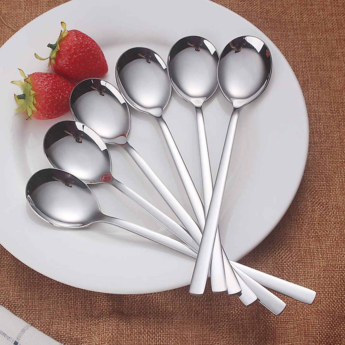 Soup spoons, Korean stainless steel round long spoon (6, Stainless Steel)