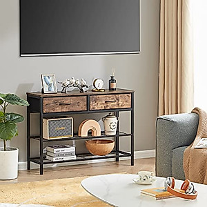 Lifewit 39.4” Console Entryway Table with 2 Fabric Drawers,3-Tier Industrial Sofa Table with Storage Shelves for Hallway, Living Room,Bedroom,Wood Top, Metal Frame, Rustic Brown, Easy Assembly
