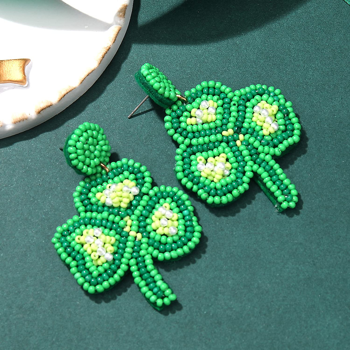 St.Patrick's Day Earrings for Women Beaded Green Shamrock Leprechaun Champagne Bottle Earrrings Lucky Gold Pot Tassel Dangle Earrings Irish Holiday Pride Jewelry Gifts