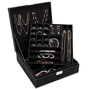 Black Jewelry Box with Lock and Key, 2 Layer Travel Display Case and Storage Organizer with Removable Tray for Earrings, Men, Girls, and Women (10.5x10.5x3.5 in)