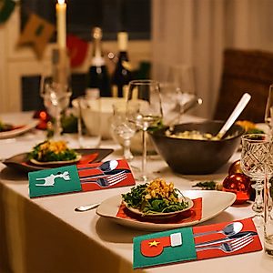 10 Pieces Christmas Silverware Holder Pocket Tableware Cutlery Organizers Felt Xmas Tree Snowman Reindeer Snowflake Stocking Knife Fork Flatware Bags Christmas Party Dinner Table Supplies