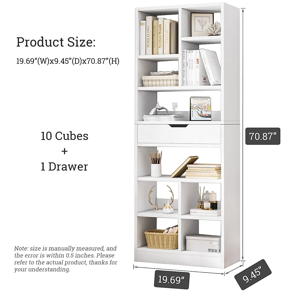 IOTXY Wooden Open Shelf Bookcase - 71 Inches Tall Freestanding Display Storage Cabinet Organizer with 10 Cubes and a Drawer, Floor Standing Bookshelf in Warm White