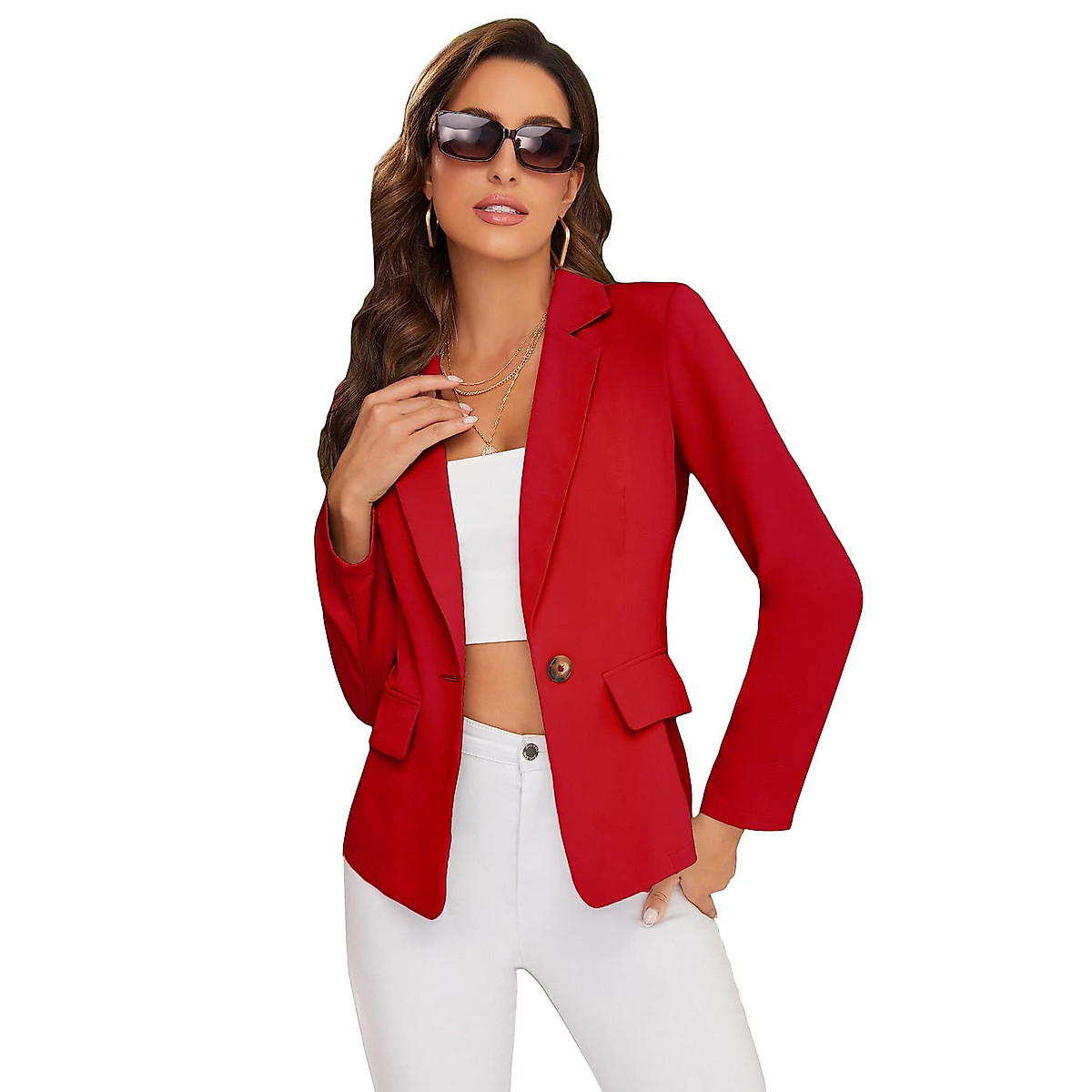 WDIRARA Women's Casual Long Sleeve Blazer Lapel Business Work Dress Jackets Red XS
